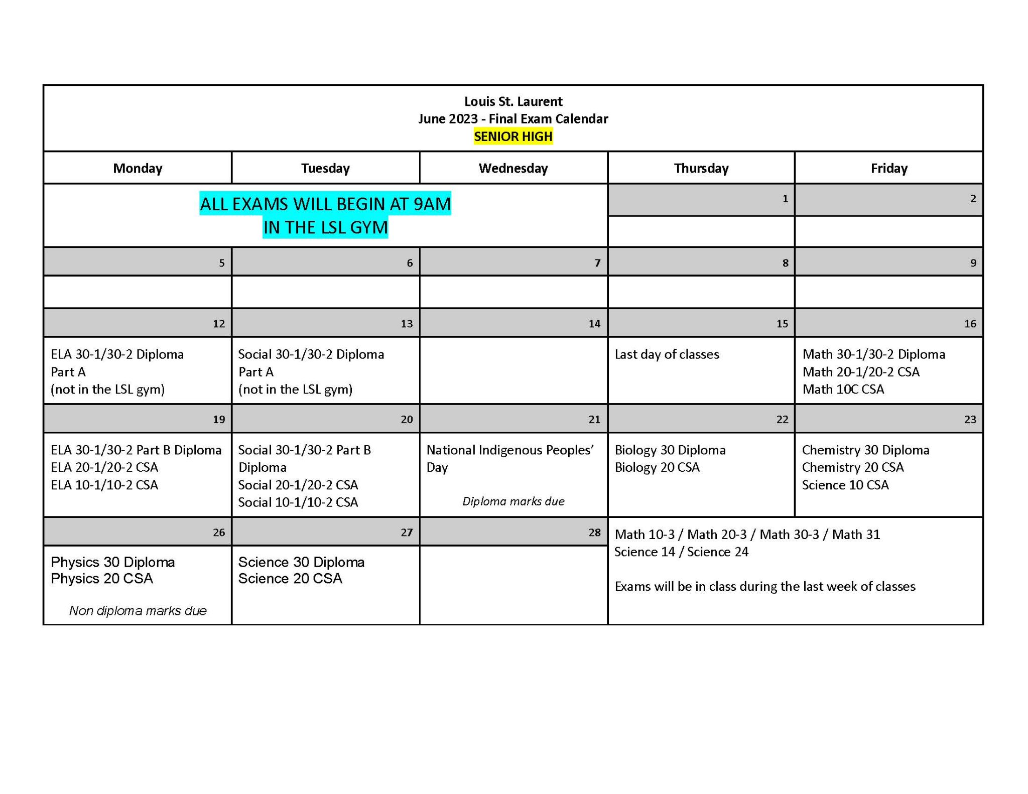 Exam Schedule - Louis St. Laurent Catholic Junior/Senior High School