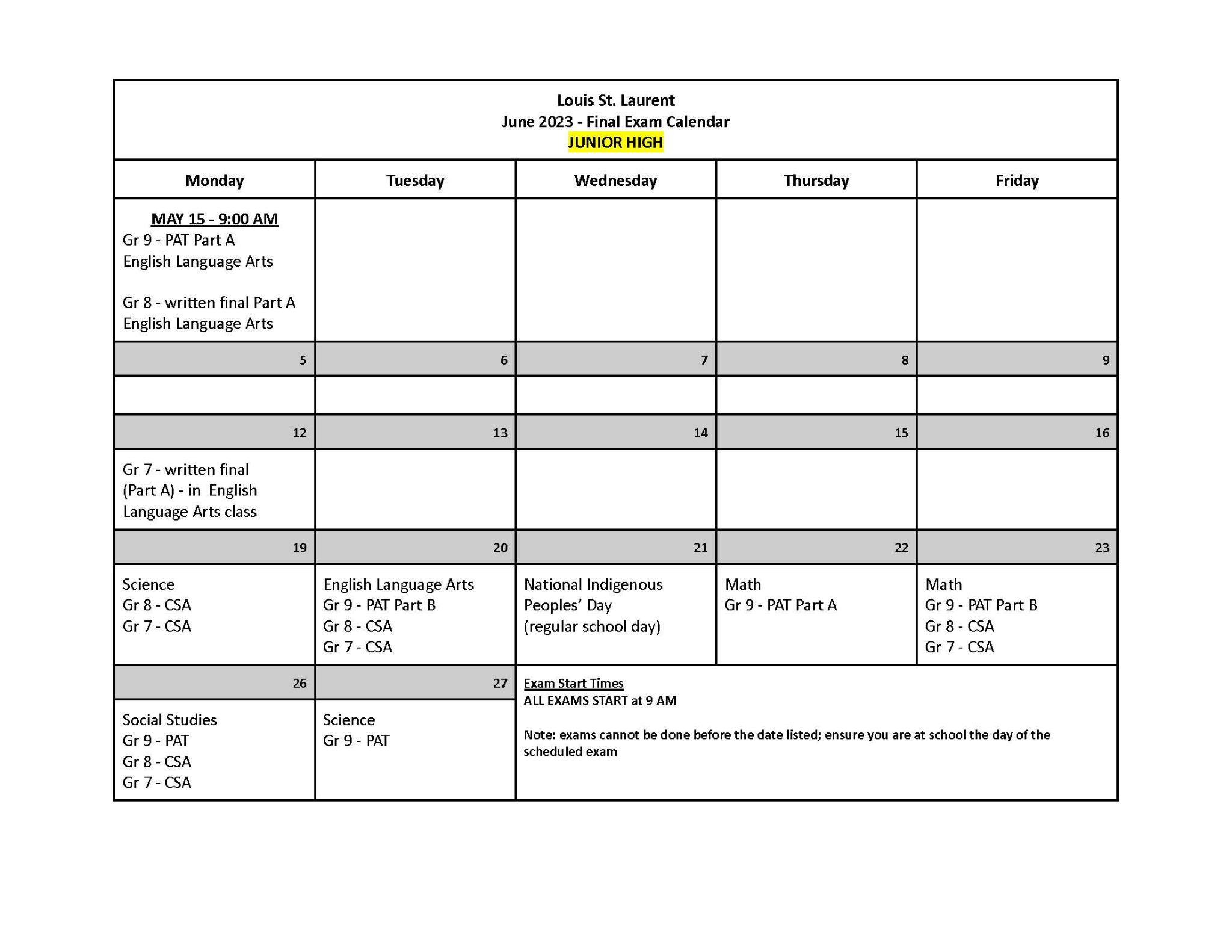 Exam Schedule - Louis St. Laurent Catholic Junior/Senior High School