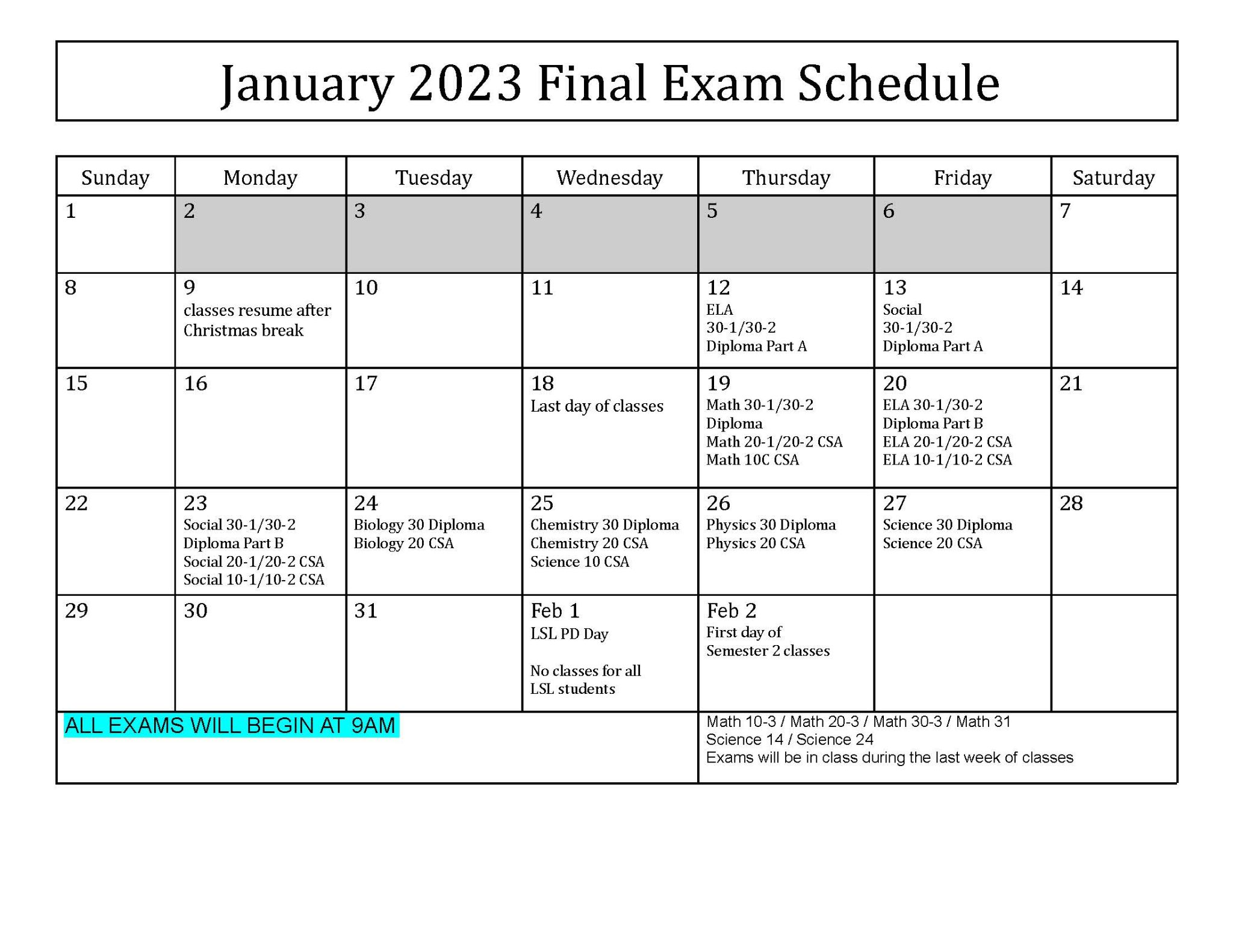 Exam Schedule - Louis St. Laurent Catholic Junior/Senior High School